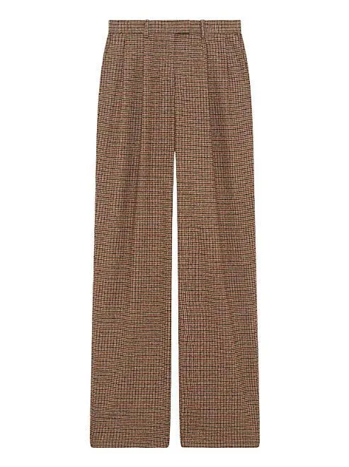 The Kooples Houndstooth Wool-blend Wide-leg Trousers - Camel Melange / Burgundy