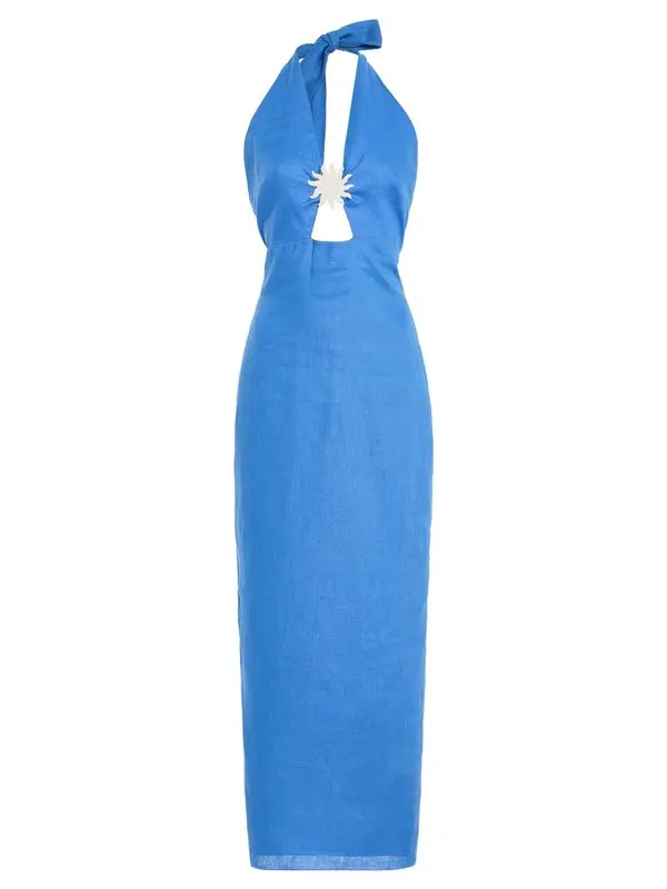 CALA DE LA CRUZ Orly Linen Midi Halter Dress - Blue