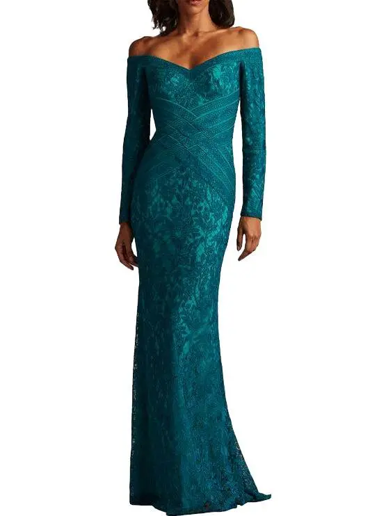 Tadashi Shoji Off-the-shoulder Lace Trumpet Gown - Cerulean