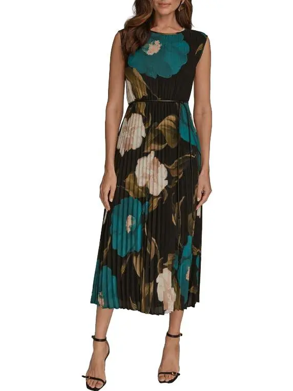 Donna Karan New York Floral Pleated Georgette Cocktail Dress - Midnight Green