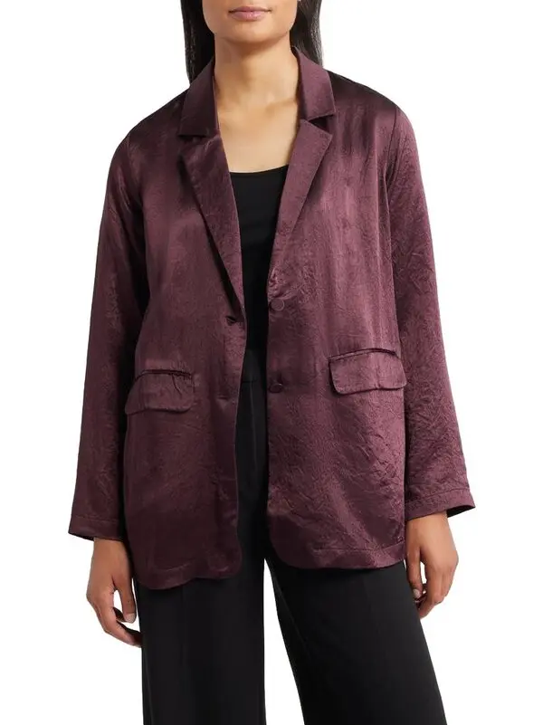 Eileen Fisher Crinkled Satin Blazer - Wine