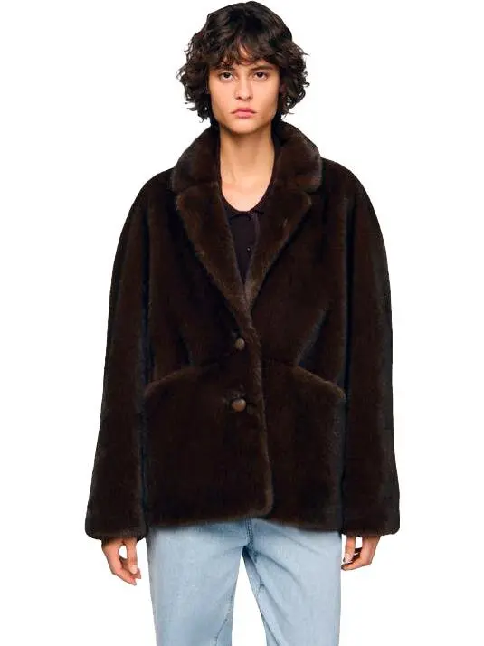 Sandro Jacket-style Faux Fur Coat - Black Brown