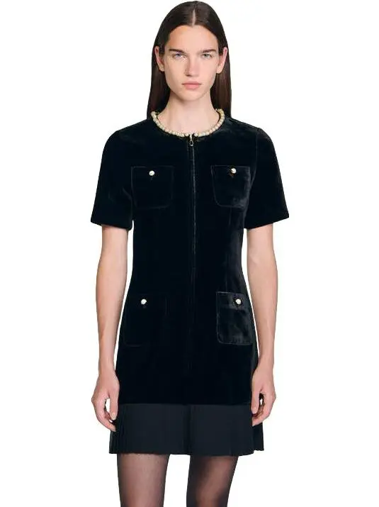 Sandro Short Velvet Dress With Beaded Trim - Black