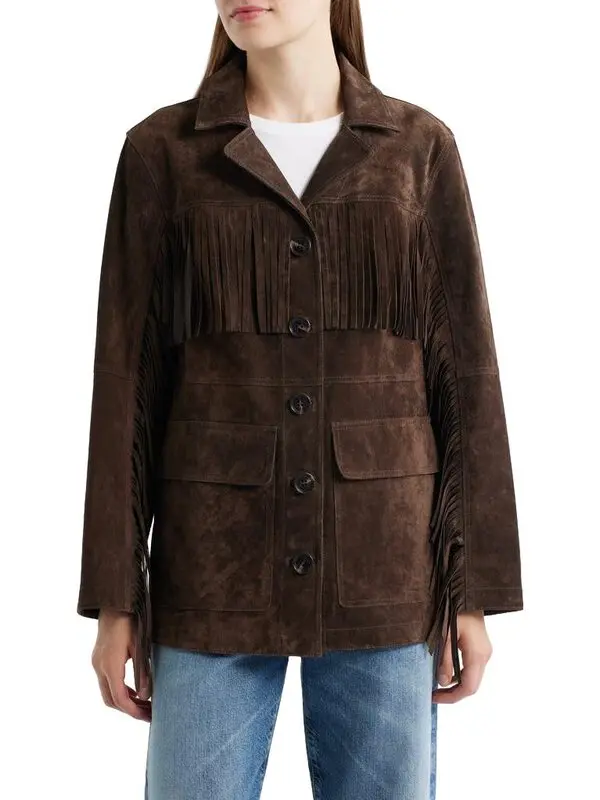 Sam Edelman Fringe Lambskin Suede Jacket - Chocolate