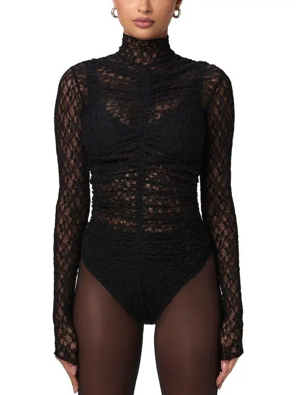 Naked Wardrobe Long Sleeve Lace Bodysuit - Black