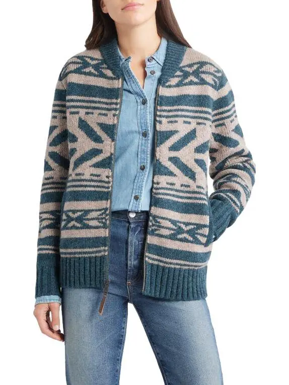 Pendleton Graphic Wool Zip Cardigan - Teal Heather