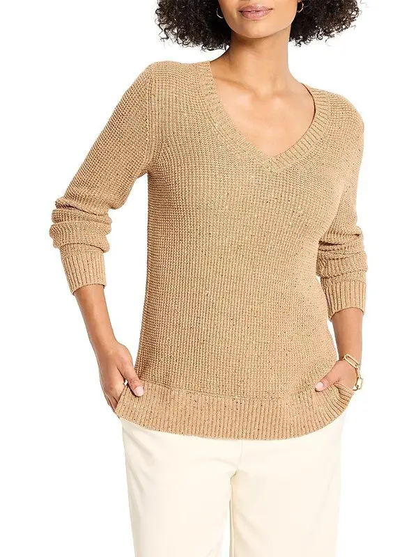 NIC+ZOE Shimmer Waffle V-neck Sweater - Copper Cream