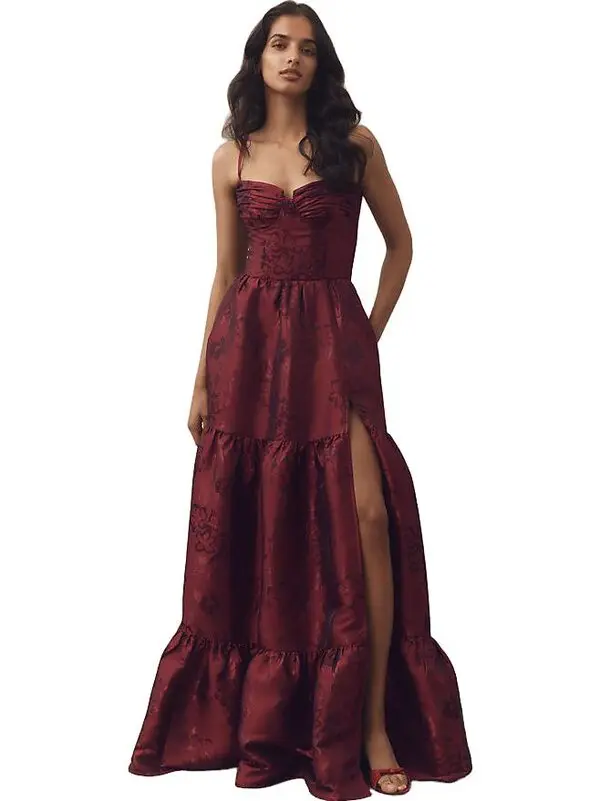 V. CHAPMAN Lucetta Corset Tiered Brocade Maxi Dress - Garnet Baroque Floral