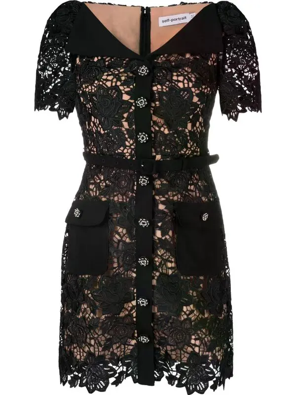 SELF-PORTRAIT Guipure Lace Minidress - Black