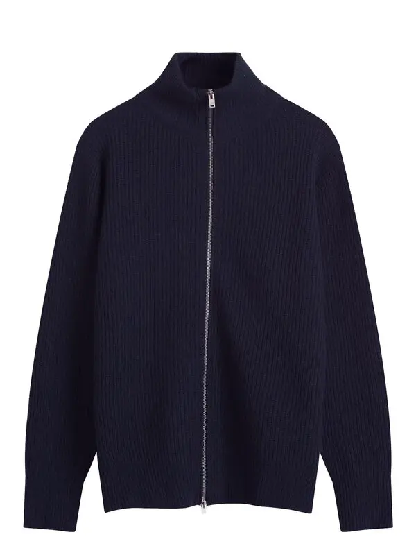 John Smedley Mallam Cashmere Rib Zip Through - Midnight