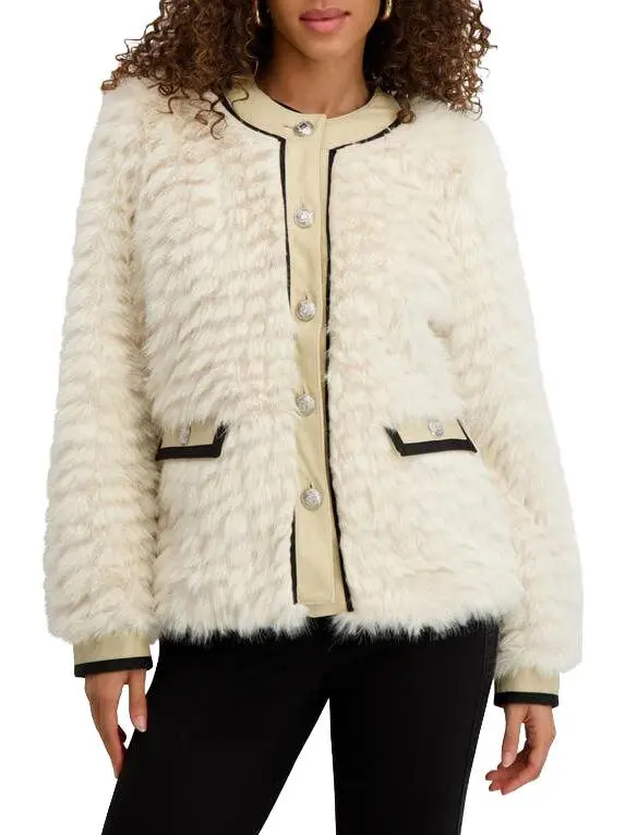 Karl Lagerfeld Paris Collarless Faux Fur Jacket - Oyster