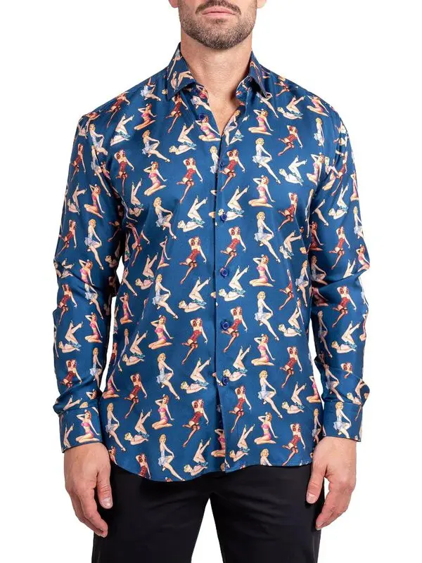 MACEOO Fibonacci Ascension 0220 Pin-up Print Contemporary Fit Button-up Shirt - Blue