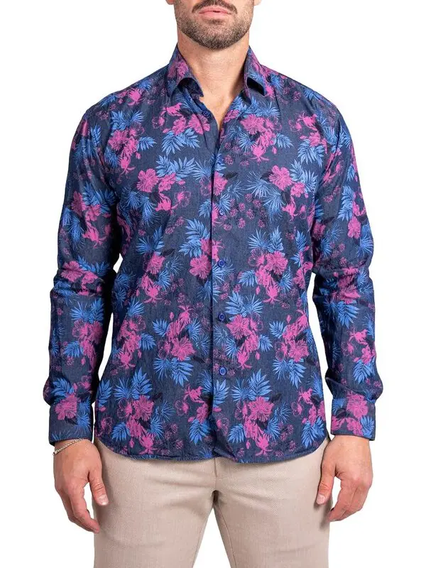 MACEOO Engineered Ascension0093 Floral Cotton Button-up Shirtr - Blue