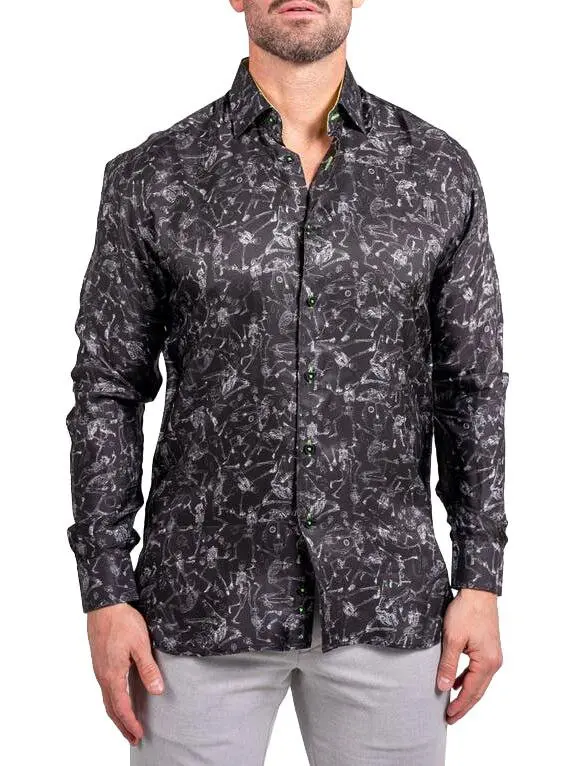 MACEOO Fibonacci Ascension 0208 Skull Print Contemporary Fit Button-up Shirt - Black