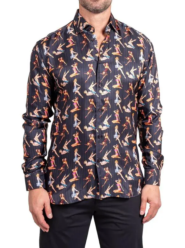 MACEOO Fibonacci Ascension 0221 Pin-up Print Contemporary Fit Button-up Shirt - Black