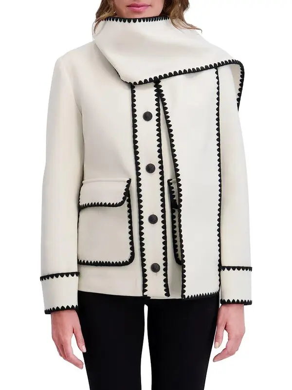 Kensie Whipstitch Detail Coat With Scarf - Ivory
