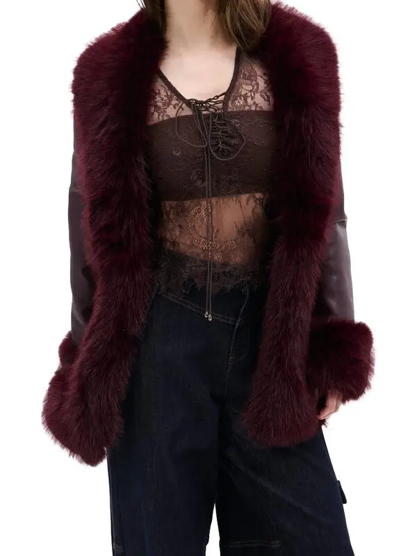 AZALEA WANG Faux Leather And Faux Fur Coat - Burgundy
