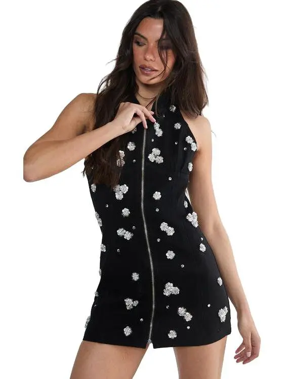 Nasty Gal Embellished Applique Mini Dress - Washed Black