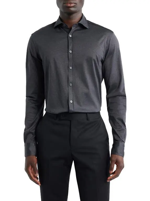 Canali Regular Fit Cotton Jersey Button-up Shirt - Charcoal