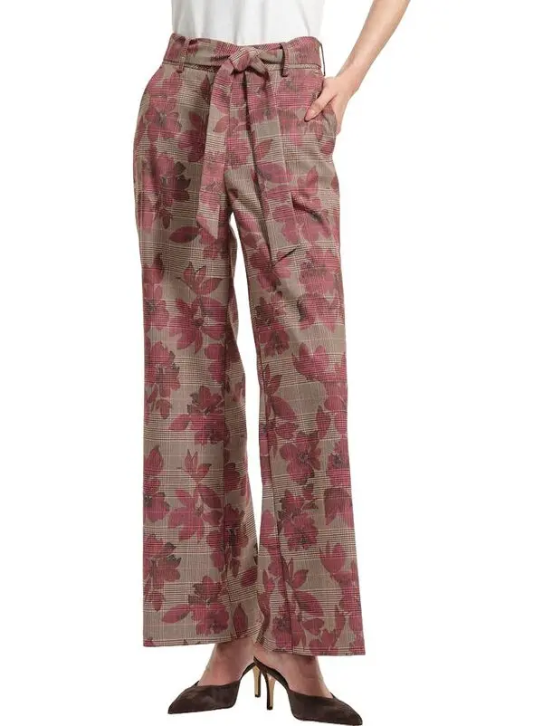 ISAAC MIZRAHI NEW YORK Plaid Tie-waist Wide-leg Pants - Taupe Plaid Floral
