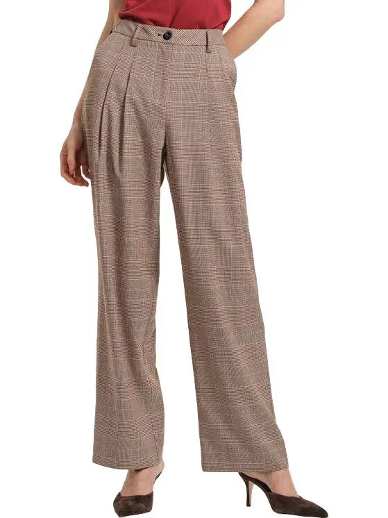 ISAAC MIZRAHI NEW YORK Pleated Plaid Straight Leg Pants - Taupe Plaid