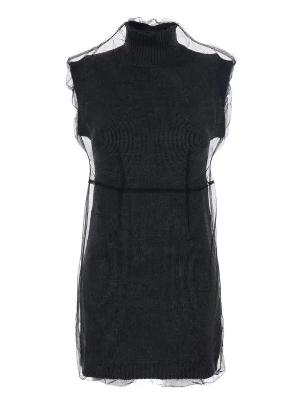 MSGM High Neck Wool Dress With Logo Patch - Grey