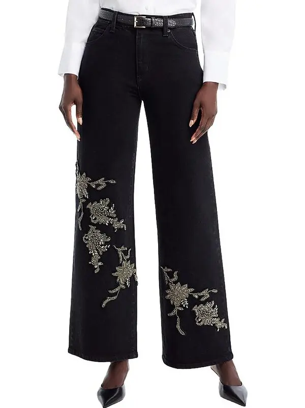 Kobi Halperin Lyla Beaded Floral Wide Leg Jeans - Black