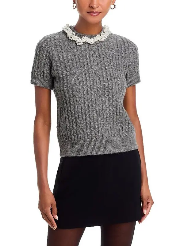 Aqua Faux Pearl Embellished Short Sleeve Sweater - Light Gray