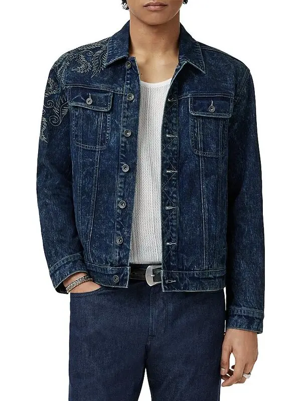 John Varvatos Anthony Embroidered Denim Trucker Jacket - Blue Smoke