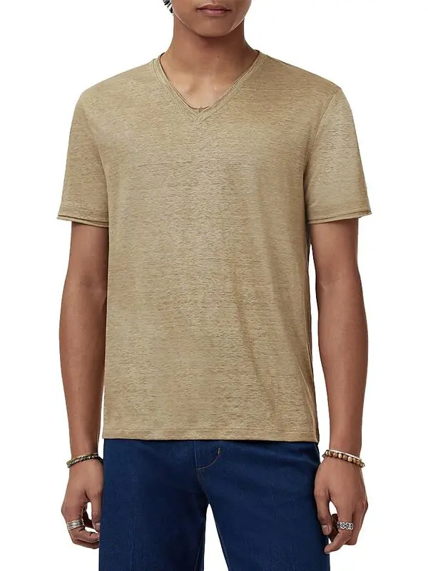 John Varvatos Wooster Slim Fit V Neck Linen Tee - Twig