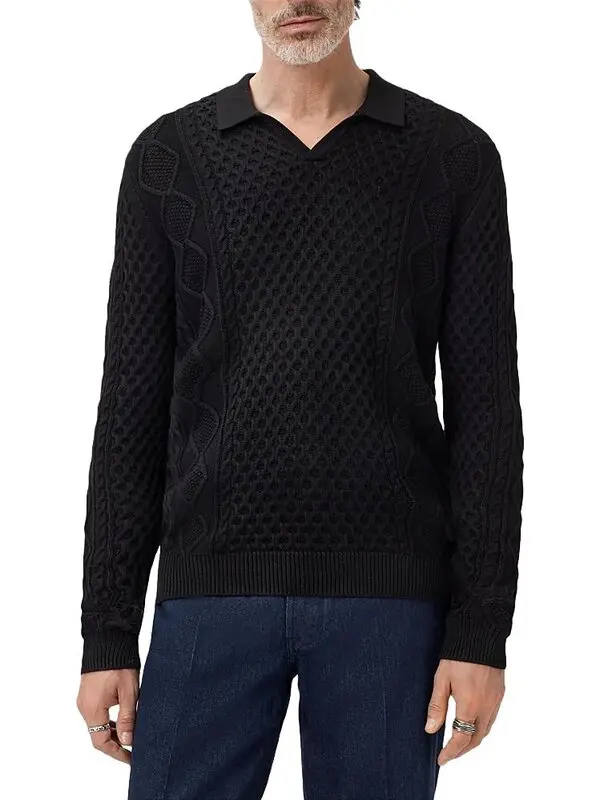 John Varvatos Haynes Open Collar Cable Knit Polo Sweater - Black