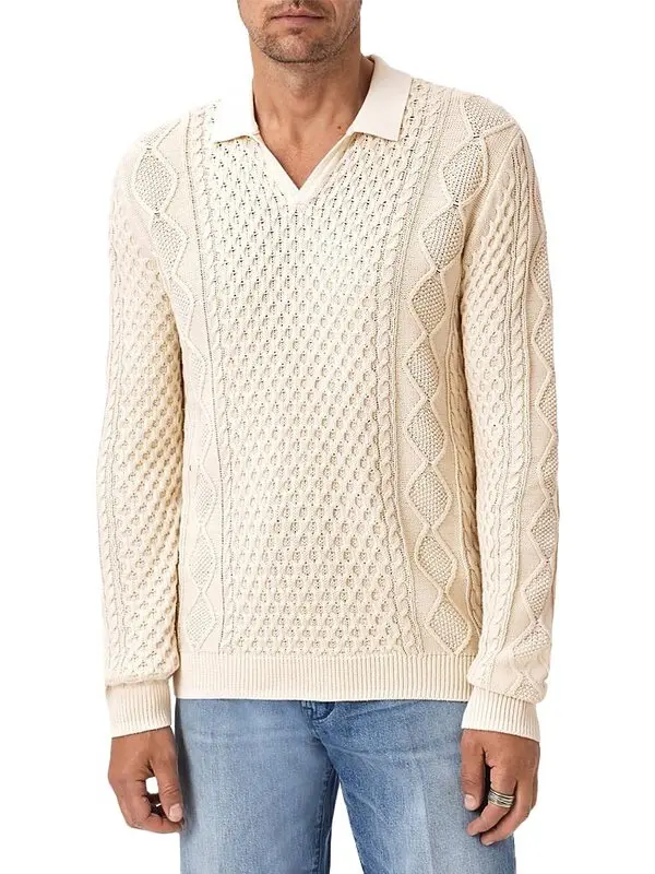 John Varvatos Haynes Open Collar Cable Knit Polo Sweater - Ecru
