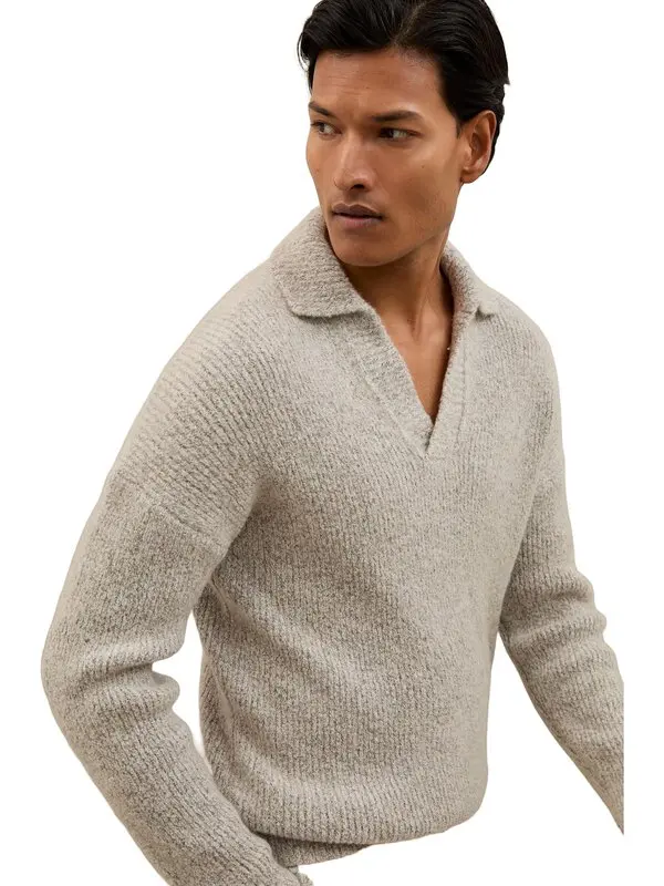 REISS Harris Atelier Cashmere-blend Open-collar Rib Jumper - Soft Grey Melange