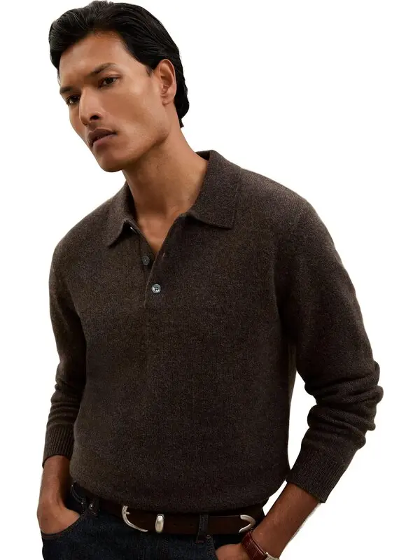 REISS Daunton Atelier 100% Cashmere Polo Jumper - Chocolate Brown