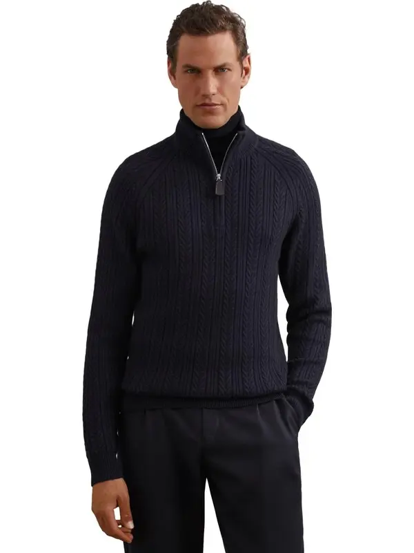 REISS Loxley Cable-knit Half-zip Jumper - Navy