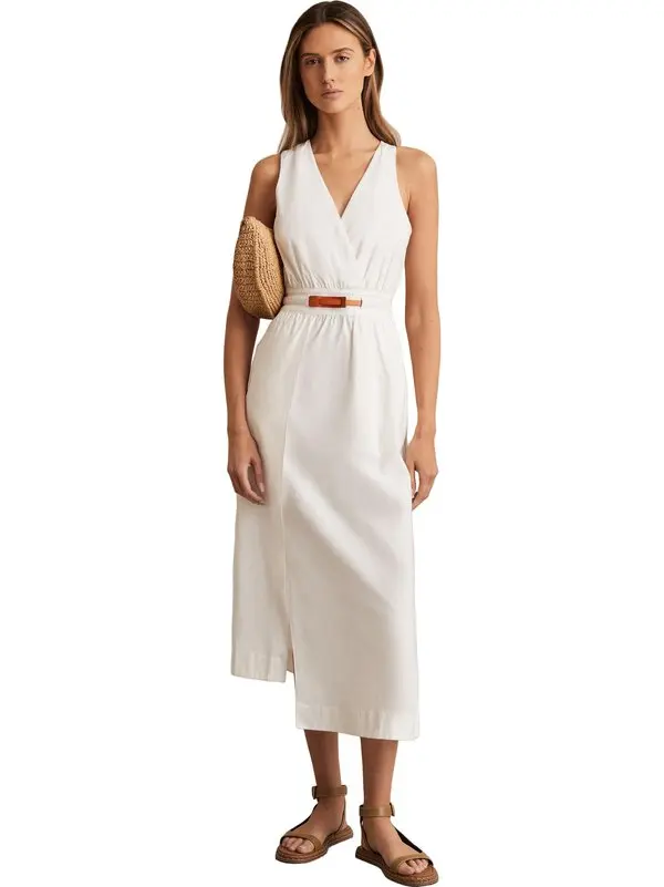 REISS Brianne Petite Poplin Belted Split Midi Dress - Ivory