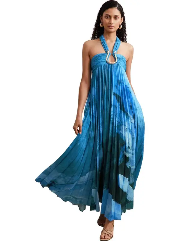 Acler Abstract-print Pleated Maxi Dress - Blue