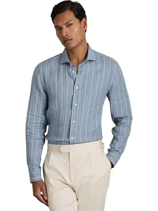 REISS Ruban Linen Striped Long Sleeve Shirt - Airforce Blue/white Bengal Stripe