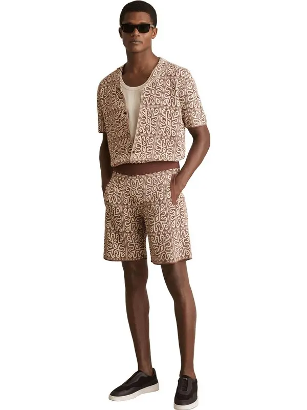 REISS Tile Pattern Knit Shorts - Brown/white