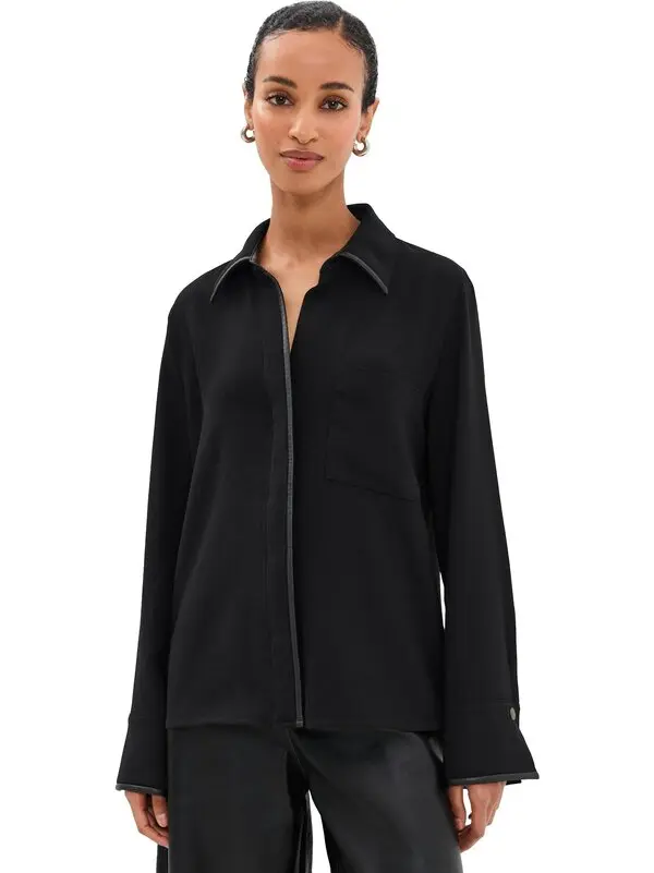 Vince Long-sleeve Blouse With Faux Leather Trim - Black