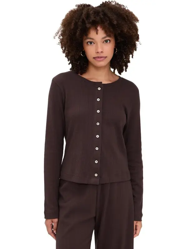 LESET Pointelle Classic Crew Cardigan - Choco