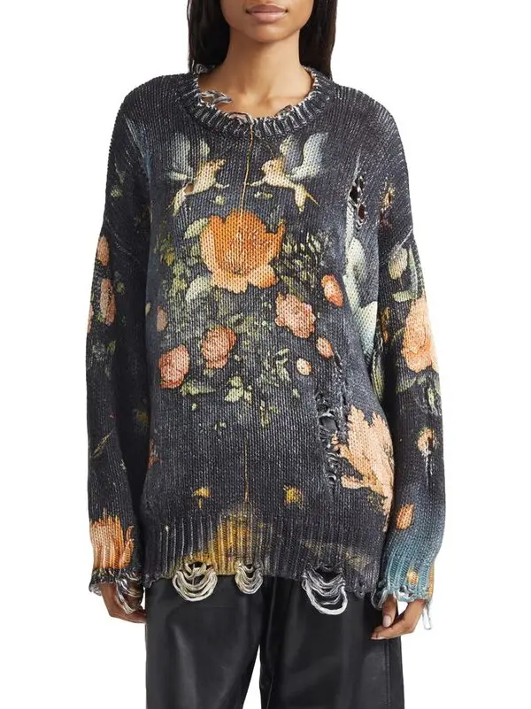 R13 Oversized Distressed Floral Sweater - Multicolor Black