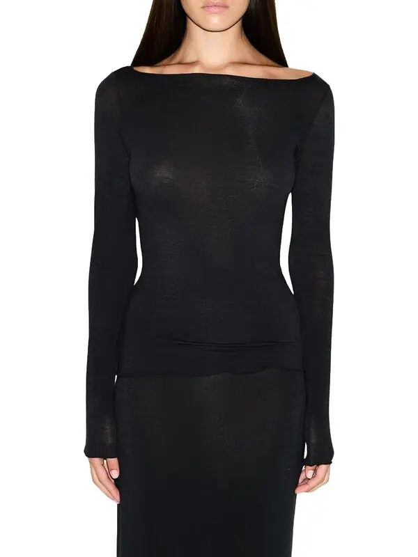 SKIMS Sheer Modal Blend Long Sleeve Boat Neck Top - Onyx