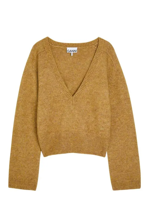 GANNI Melange Brushed Wool-blend V-neck Jumper - Multicoloured