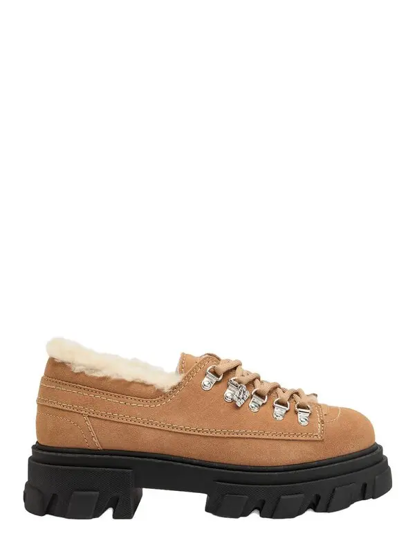 GANNI Faux Shearling-trimmed Suede Derby Shoes - Tan