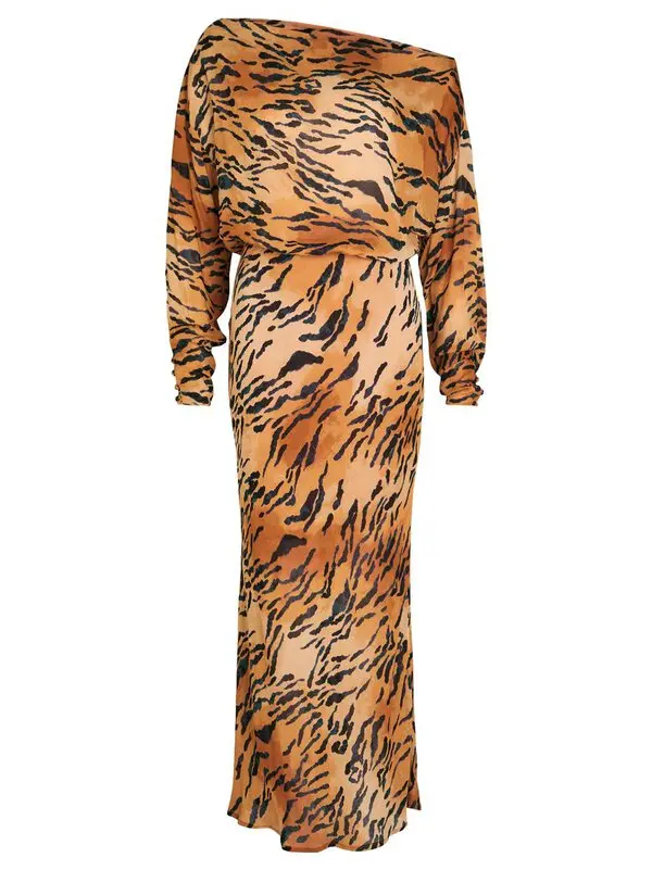 NEVER FULLY DRESSED Tiger-print Chiffon Midi Dress - Brown