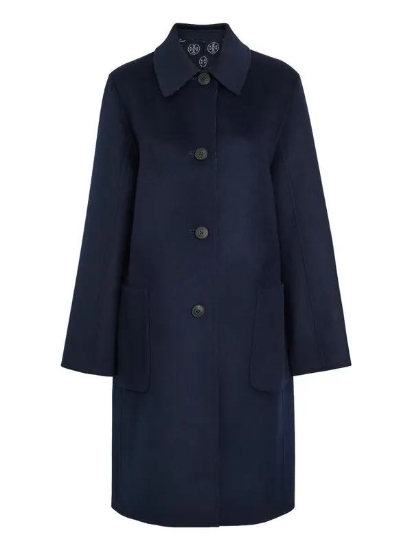 Tory Burch Logo-intarsia Wool-blend Coat - Navy