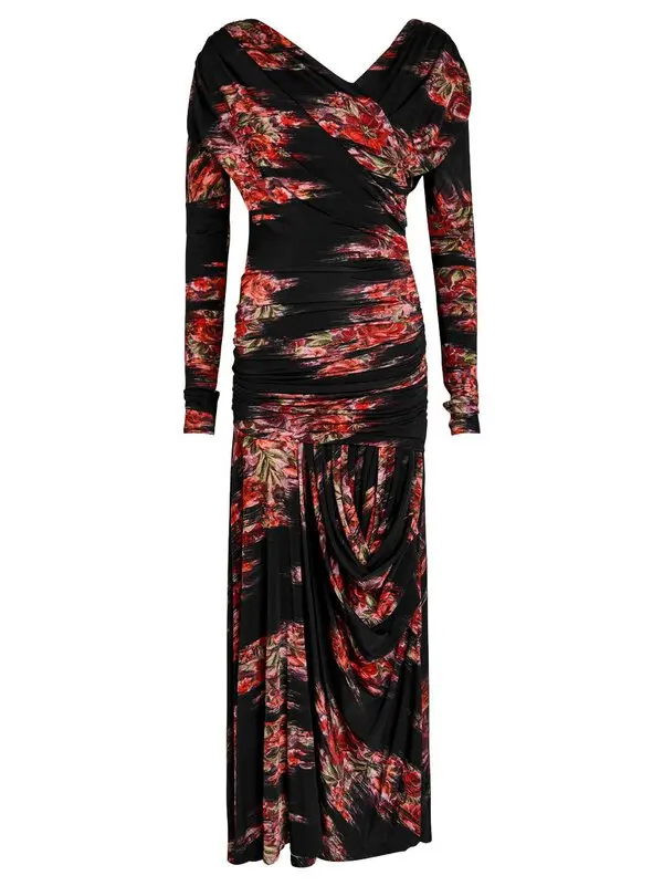 GANNI Floral-print Jersey Maxi Dress - Black