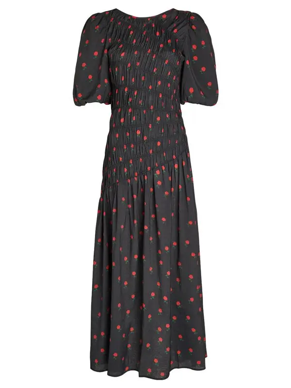 NEVER FULLY DRESSED Rose-print Shirred Woven Midi Dress - Black