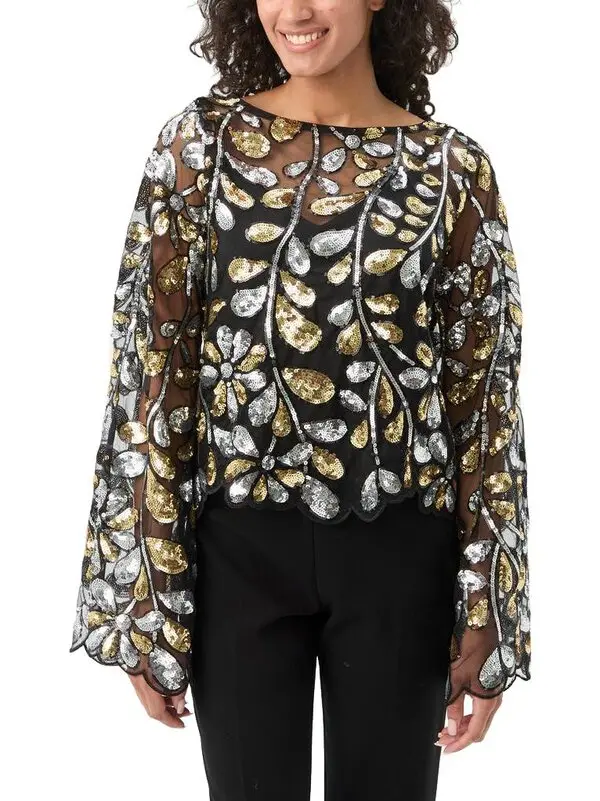 Trina Turk Sequin Embellished Top With Fringe - Black/gold